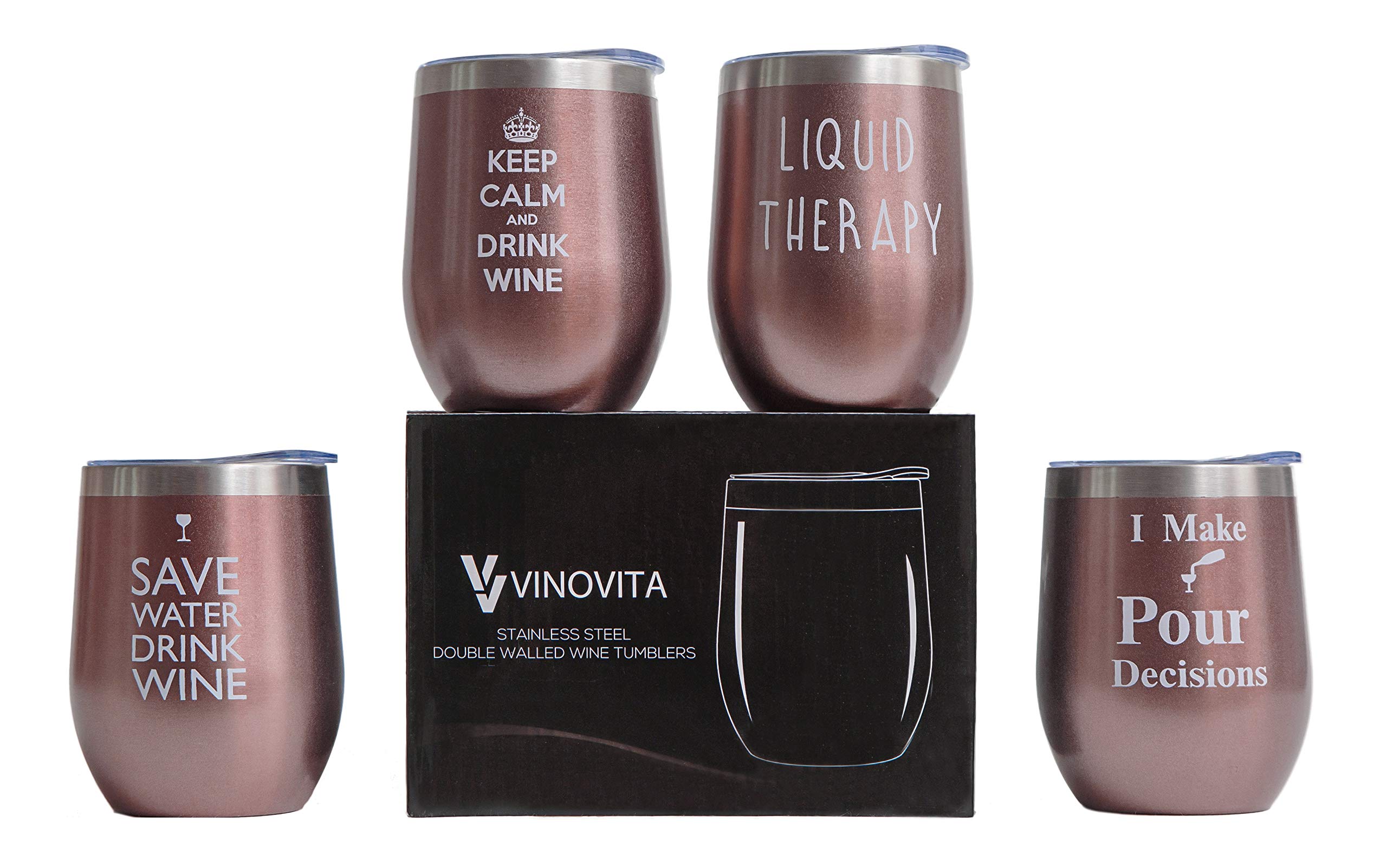 VINOVITA Funny Wine Glasses (Set of 4) with Straws and Brushes – Double-Wall Insulated Stainless Steel Tumbler – Great Gift for Birthday, Mother’s Day, Anniversary – 12 oz