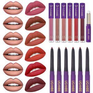 ucanbe 13pcs lady's night lipstick makeup set, 6 velvety matte liquid lipsticks + 6 matching smooth lipliner pencil + 1 moisturizing lip gloss primer, waterproof long lasting lip make up gift kit