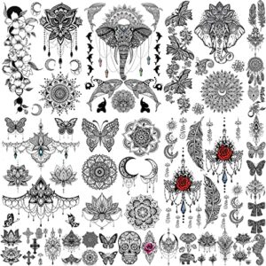 egmbgm 28 sheets tribal black temporary tattoos for women girls, waterproof fake tattoos temporary elephant ganesha lace tattoo kits, lotus mandala flower tatoo sticker moon neck chest arm butterfly