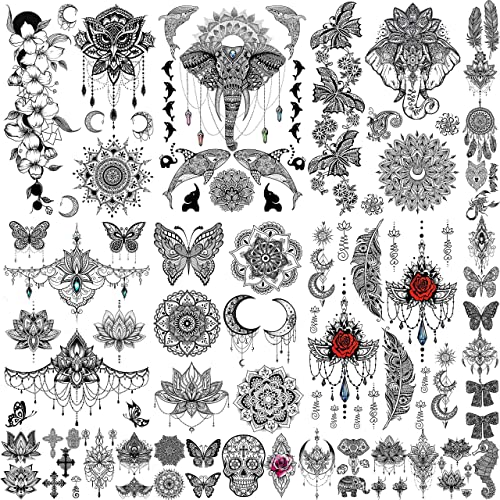 EGMBGM 28 Sheets Tribal Black Temporary Tattoos For Women Girls, Waterproof Fake Tattoos Temporary Elephant Ganesha Lace Tattoo Kits, Lotus Mandala Flower Tatoo Sticker Moon Neck Chest Arm Butterfly