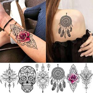 EGMBGM 28 Sheets Tribal Black Temporary Tattoos For Women Girls, Waterproof Fake Tattoos Temporary Elephant Ganesha Lace Tattoo Kits, Lotus Mandala Flower Tatoo Sticker Moon Neck Chest Arm Butterfly