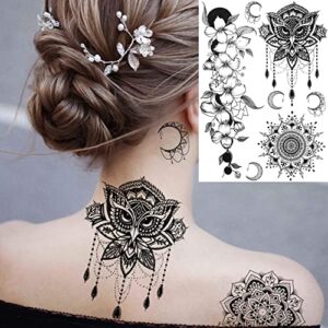 EGMBGM 28 Sheets Tribal Black Temporary Tattoos For Women Girls, Waterproof Fake Tattoos Temporary Elephant Ganesha Lace Tattoo Kits, Lotus Mandala Flower Tatoo Sticker Moon Neck Chest Arm Butterfly