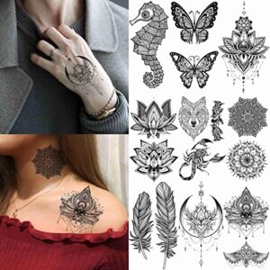 EGMBGM 28 Sheets Tribal Black Temporary Tattoos For Women Girls, Waterproof Fake Tattoos Temporary Elephant Ganesha Lace Tattoo Kits, Lotus Mandala Flower Tatoo Sticker Moon Neck Chest Arm Butterfly