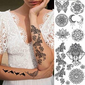 EGMBGM 28 Sheets Tribal Black Temporary Tattoos For Women Girls, Waterproof Fake Tattoos Temporary Elephant Ganesha Lace Tattoo Kits, Lotus Mandala Flower Tatoo Sticker Moon Neck Chest Arm Butterfly