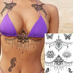 EGMBGM 28 Sheets Tribal Black Temporary Tattoos For Women Girls, Waterproof Fake Tattoos Temporary Elephant Ganesha Lace Tattoo Kits, Lotus Mandala Flower Tatoo Sticker Moon Neck Chest Arm Butterfly