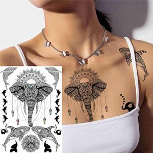 EGMBGM 28 Sheets Tribal Black Temporary Tattoos For Women Girls, Waterproof Fake Tattoos Temporary Elephant Ganesha Lace Tattoo Kits, Lotus Mandala Flower Tatoo Sticker Moon Neck Chest Arm Butterfly