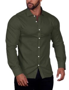 coofandy men's muscle fit dress shirts wrinkle-free long sleeve casual button down shirt olive green