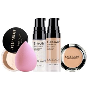 face powder oil free & full coverage foundation concealer & moisturizing primer & soft sponge waterproof make up set long lasting poreless makeup 5pcs