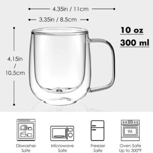 vzaahu Double Wall Insulated Coffee Mugs with Handle [2-Pack,10 Oz] Clear Glass Coffee Mug Set for Cappuccino Glasses Tea Cups Latte Beverage, Glasses Heat Resistant Dishwasher Microwave Safe