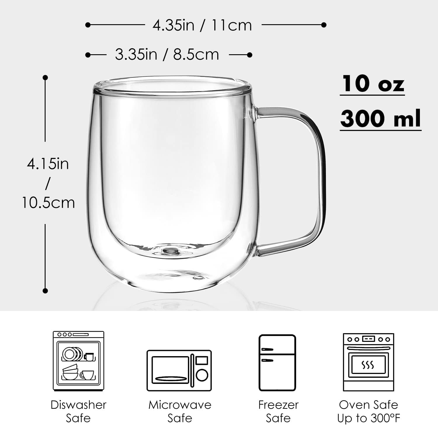 vzaahu Double Wall Insulated Coffee Mugs with Handle [2-Pack,10 Oz] Clear Glass Coffee Mug Set for Cappuccino Glasses Tea Cups Latte Beverage, Glasses Heat Resistant Dishwasher Microwave Safe