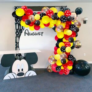 Mickey Mouse Balloons Garland Arch Kit, 100pcs Red Black Yellow Confetti Balloons for Cartoon Mouse Theme Birthday Party Supplies Decorations