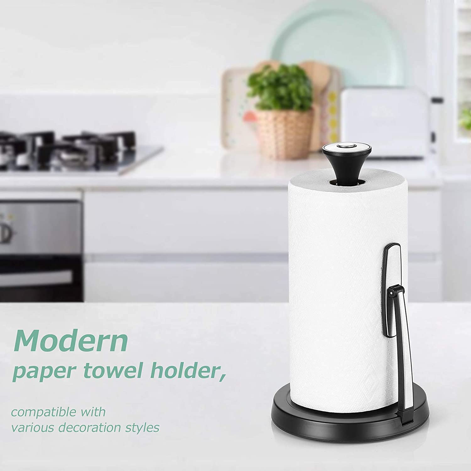 Tension Arm Paper Towel Holder, Hystun Single Tear Paper Towel Holder Countertop Standing Paper Towel Holder Easy to Tear Paper Stainless Steel Paper Towel Holder for Kitchen & Dining Room Table