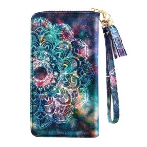 Coco Rossi Women Wallets Multi Card Case Wallet Clutch Wallet Card Holder Organizer Ladies Purse Floral Tassel Wrist strap Purse,Mandala Nebula