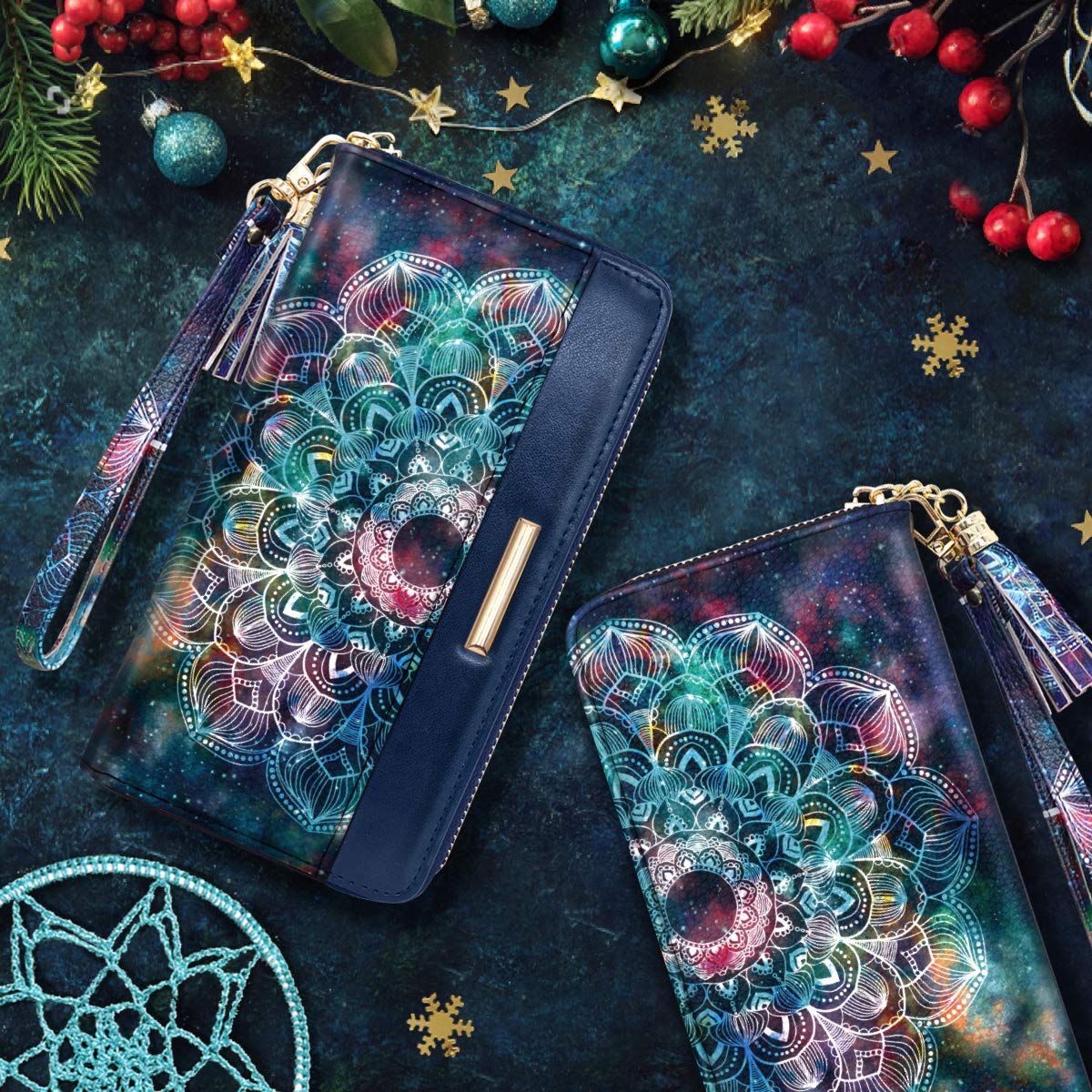 Coco Rossi Women Wallets Multi Card Case Wallet Clutch Wallet Card Holder Organizer Ladies Purse Floral Tassel Wrist strap Purse,Mandala Nebula