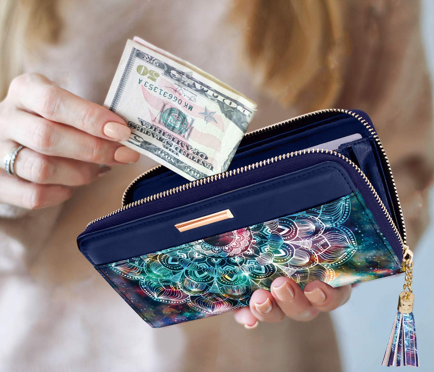 Coco Rossi Women Wallets Multi Card Case Wallet Clutch Wallet Card Holder Organizer Ladies Purse Floral Tassel Wrist strap Purse,Mandala Nebula