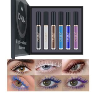 dnm 6 color colored colorful waterproof mascara, blue white black brown purple for eyelashes long lasting charming voluminous for women cruelty free vegan eye makeup