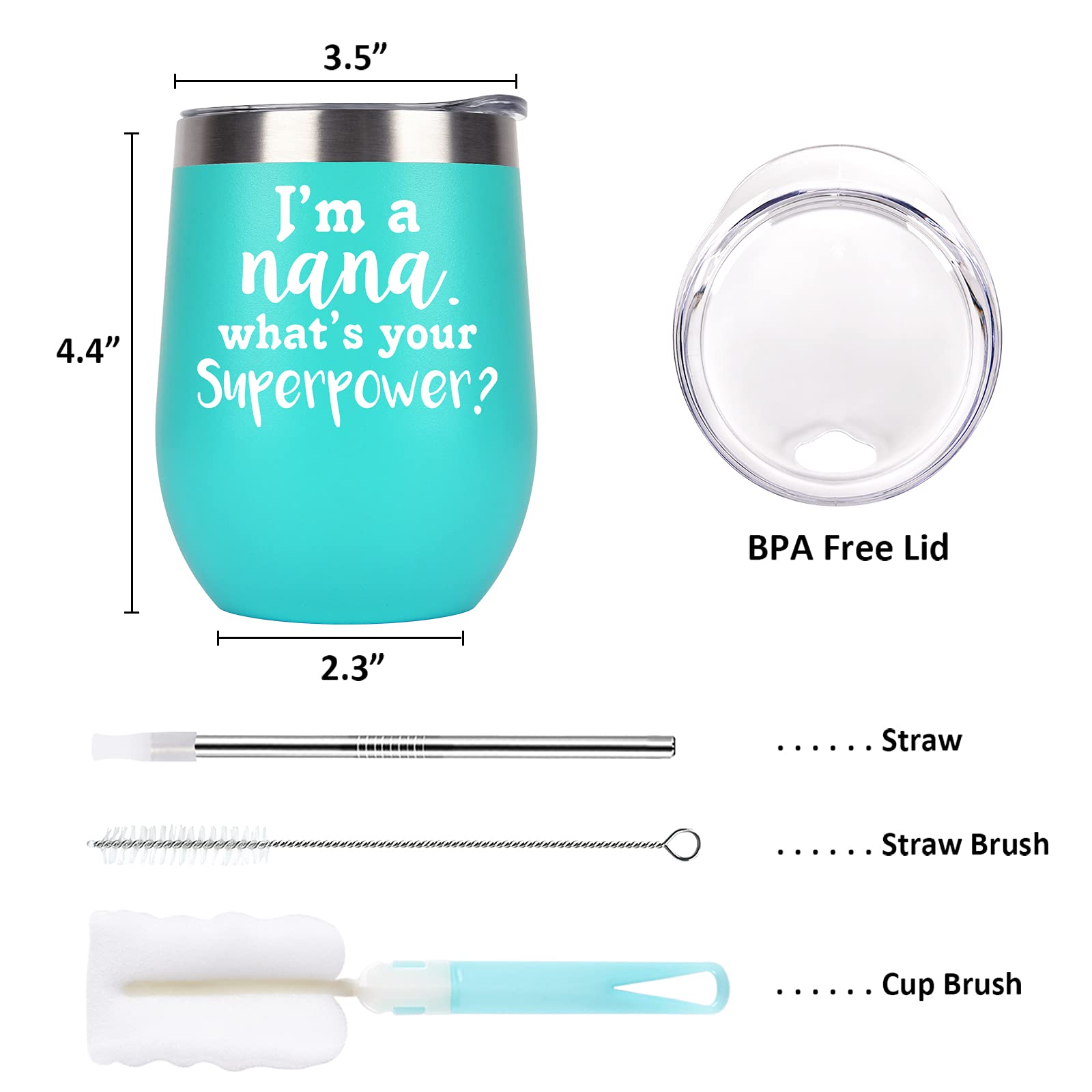 Lifecapido Nana Gifts for Grandma, I'm A Nana Wine Tumbler, Mother’s day Birthday Gifts for Grandmother Nana Granny Mimi Women, 12Oz Stainless Steel Insulated Tumbler with Lids and Straws, Mint