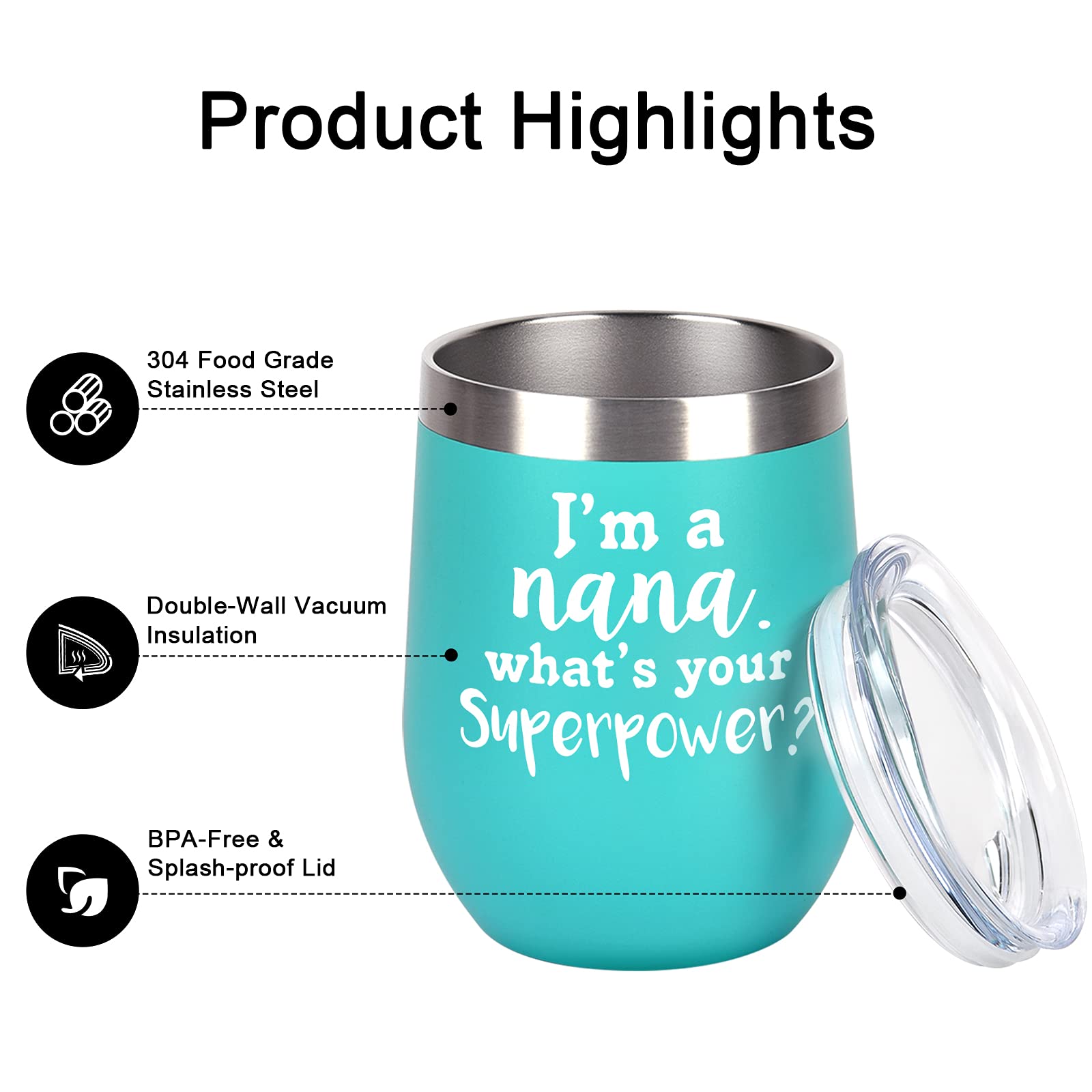 Lifecapido Nana Gifts for Grandma, I'm A Nana Wine Tumbler, Mother’s day Birthday Gifts for Grandmother Nana Granny Mimi Women, 12Oz Stainless Steel Insulated Tumbler with Lids and Straws, Mint