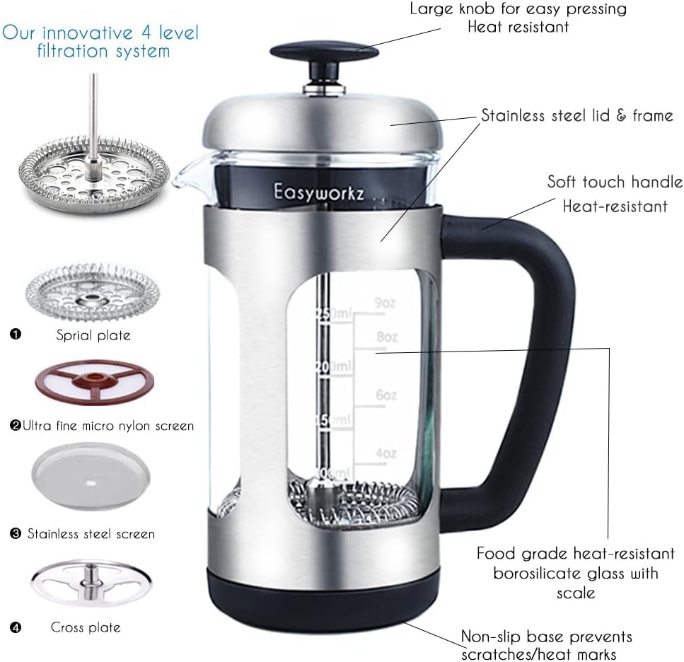 Easyworkz Stainless Steel French Press 12 oz Coffee Tea Maker with Soft Grip Handle