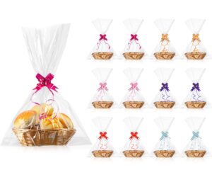 12 pieces oval basket food storage basket woven empty basket fruit basket gift baskets with 60 colorful pull bows and 30 clear gift bags for kitchen, restaurant (beige, 9 x 6 x 2.24 inches)