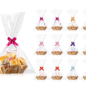 12 Pieces Oval Basket Food Storage Basket Woven Empty Basket Fruit Basket Gift Baskets with 60 Colorful Pull Bows and 30 Clear Gift Bags for Kitchen, Restaurant (Beige, 9 x 6 x 2.24 Inches)