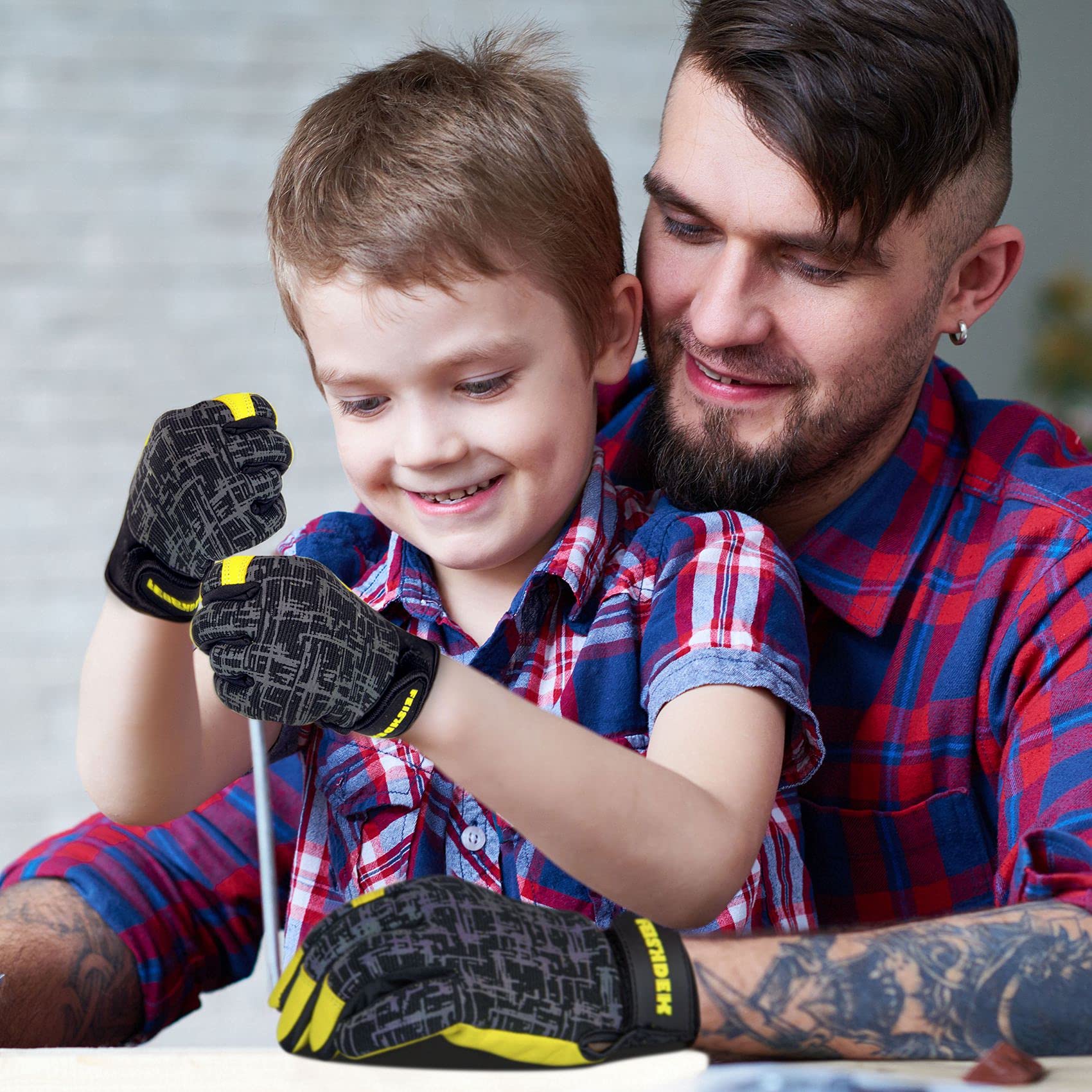 FEISHDEK Kids Genuine Leather Work Gloves, Safety Gloves, Touch Screen, Reflective, Breathable Design, for Children Age 3-12 (Medium (6-8 Years Old), Black)