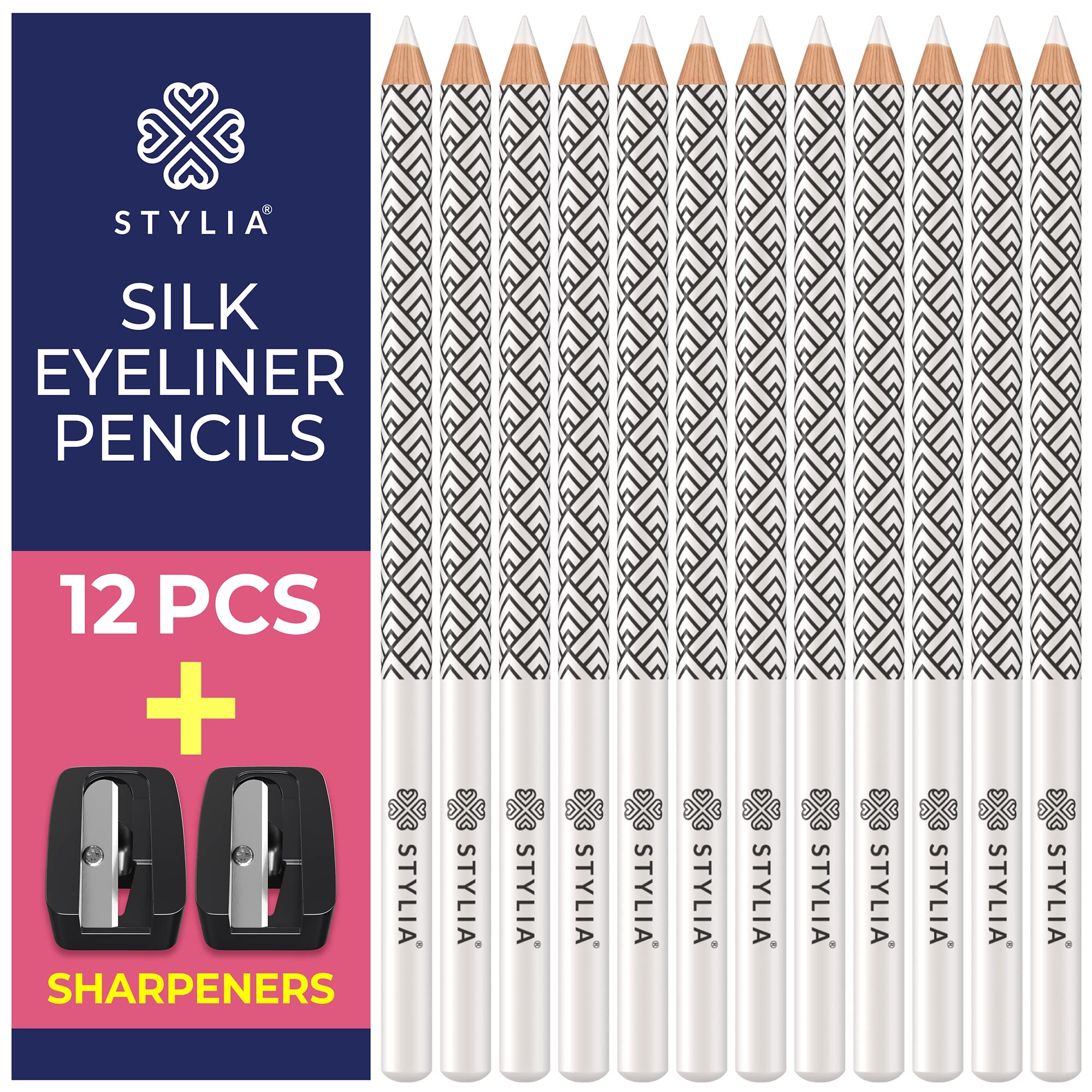 White Eyeliner Pencil - Waterproof, Long-Lasting - Soft Strokes, Easy Glide - Highly-Pigmented Silky Pen - Multipurpose Makeup Tool, Works as Eyeshadow, Highlighter, or Lip Liner - 12-Pack