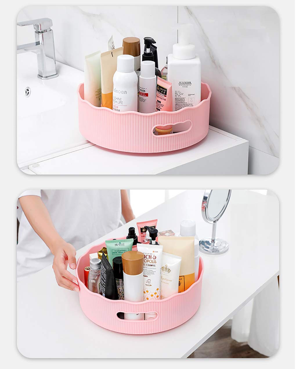 Goeielewe Lazy Susan Organizer Plastic Turntable Round Rotating Storage Organizer Tray with Handle for Kitchen Cabinets, Pantry, Countertops, Bathroom Vanity (Pink, Small: 9.5-Inch)