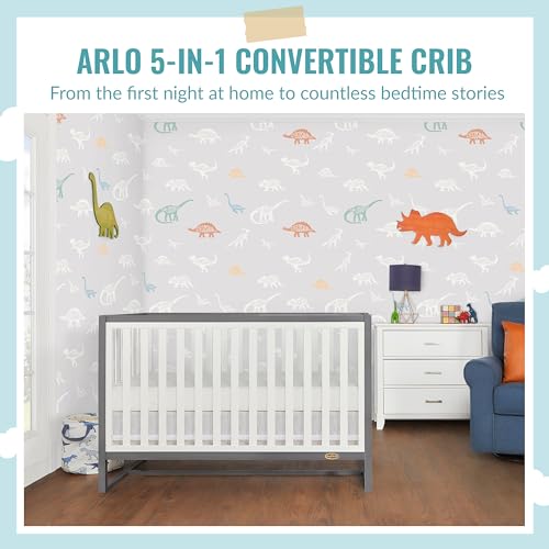 Dream On Me Arlo 5-in-1 Convertible Crib in Steel Grey and White, JPMA Certified, 3 Mattress Height Settings, Non-Toxic Finish, Made of Sustainable and Sturdy Pinewood