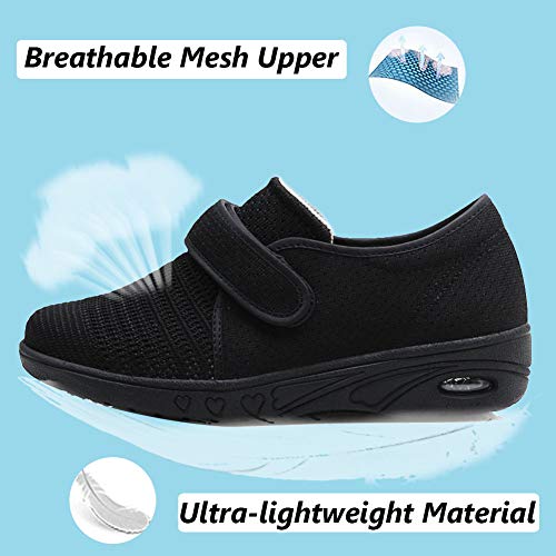 W&LESVAGO Breathable Lightweight Adjustable Diabetic Shoes Wide Width Air Cushion Walking Sneakers for Women Swollen Feet(Black,8.5)