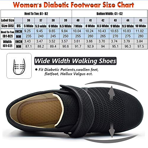 W&LESVAGO Breathable Lightweight Adjustable Diabetic Shoes Wide Width Air Cushion Walking Sneakers for Women Swollen Feet(Black,8.5)