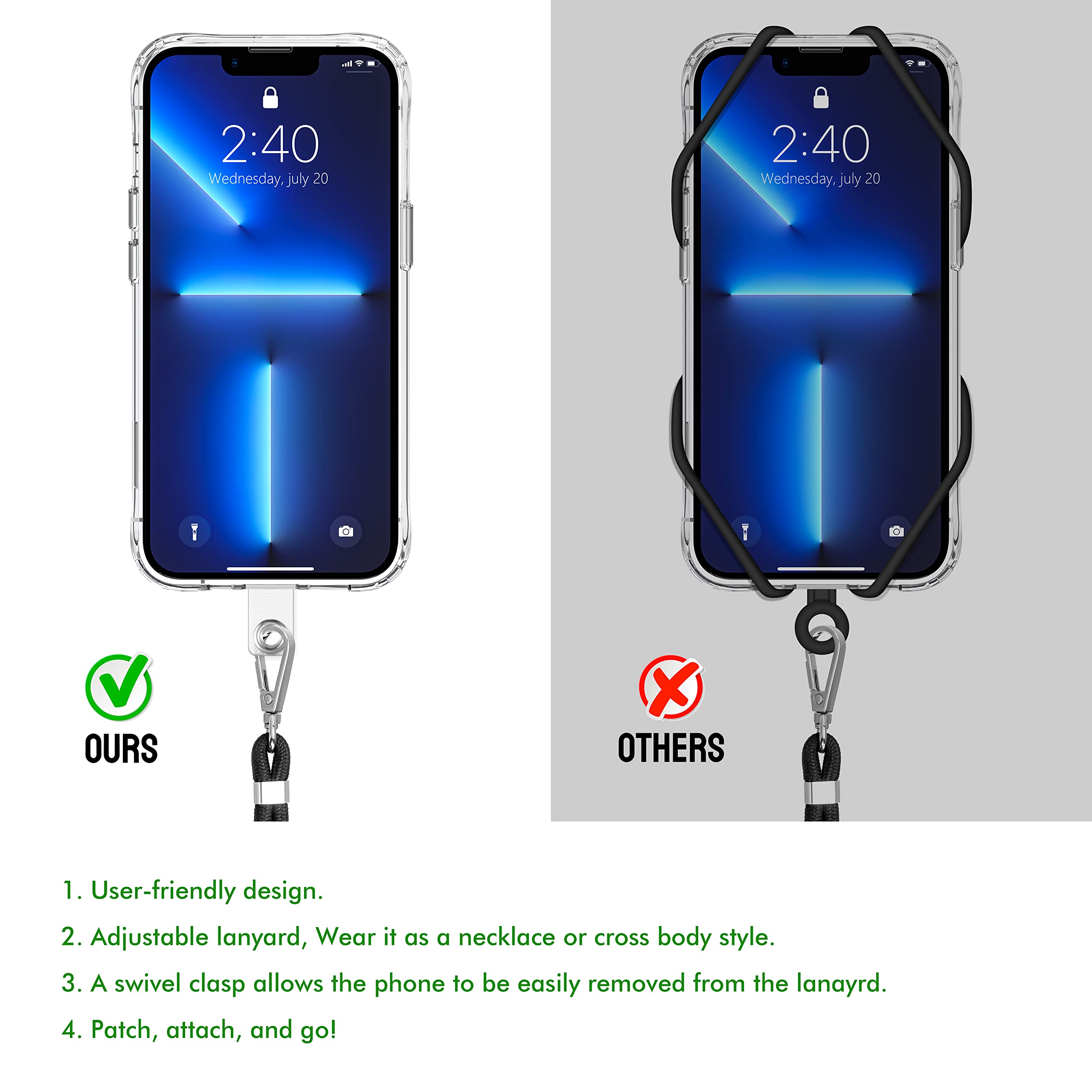 Black Universal Cell Phone Lanyard with Adjustable Strap - Phone Necklace Comfortably Around The Neck, Compatible with All Smartphones - Multipurpose Design, Ideal for Badges and Keys