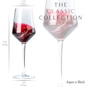 Aspen & Birch - Classic Wine Glasses Set of 6 - Red Wine Glasses or White Wine Glasses, Premium Crystal Stemware, Long Stem Wine Glasses Set, Clear, 15 oz, Hand Blown Glass Crafted by Artisans