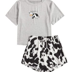 SOLY HUX Women's Cute Cartoon Print Sleepwear Short Sleeve Tee with Shorts Pajama Set Grey Cow L