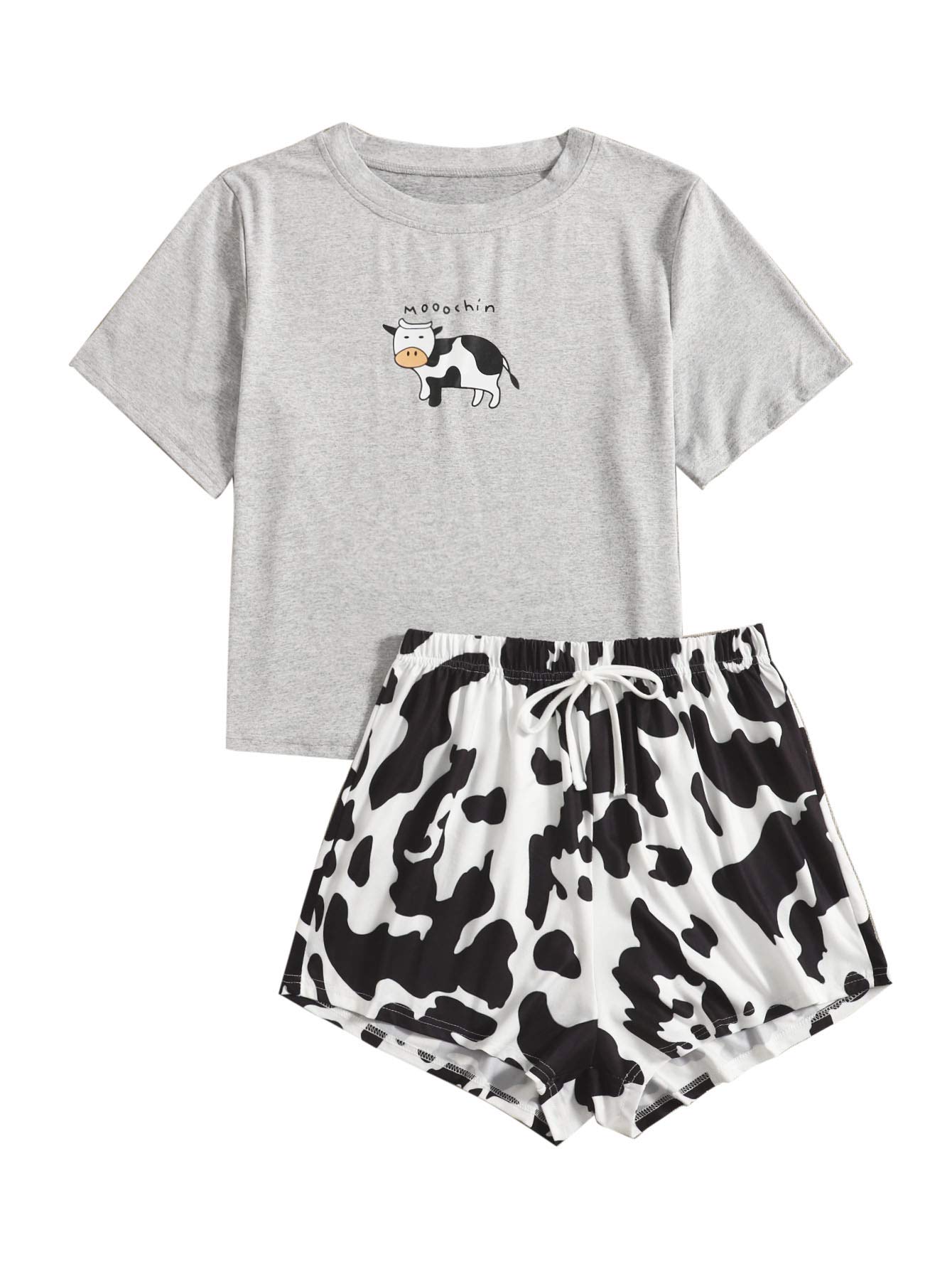 SOLY HUX Women's Cute Cartoon Print Sleepwear Short Sleeve Tee with Shorts Pajama Set Grey Cow L