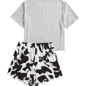 SOLY HUX Women's Cute Cartoon Print Sleepwear Short Sleeve Tee with Shorts Pajama Set Grey Cow L