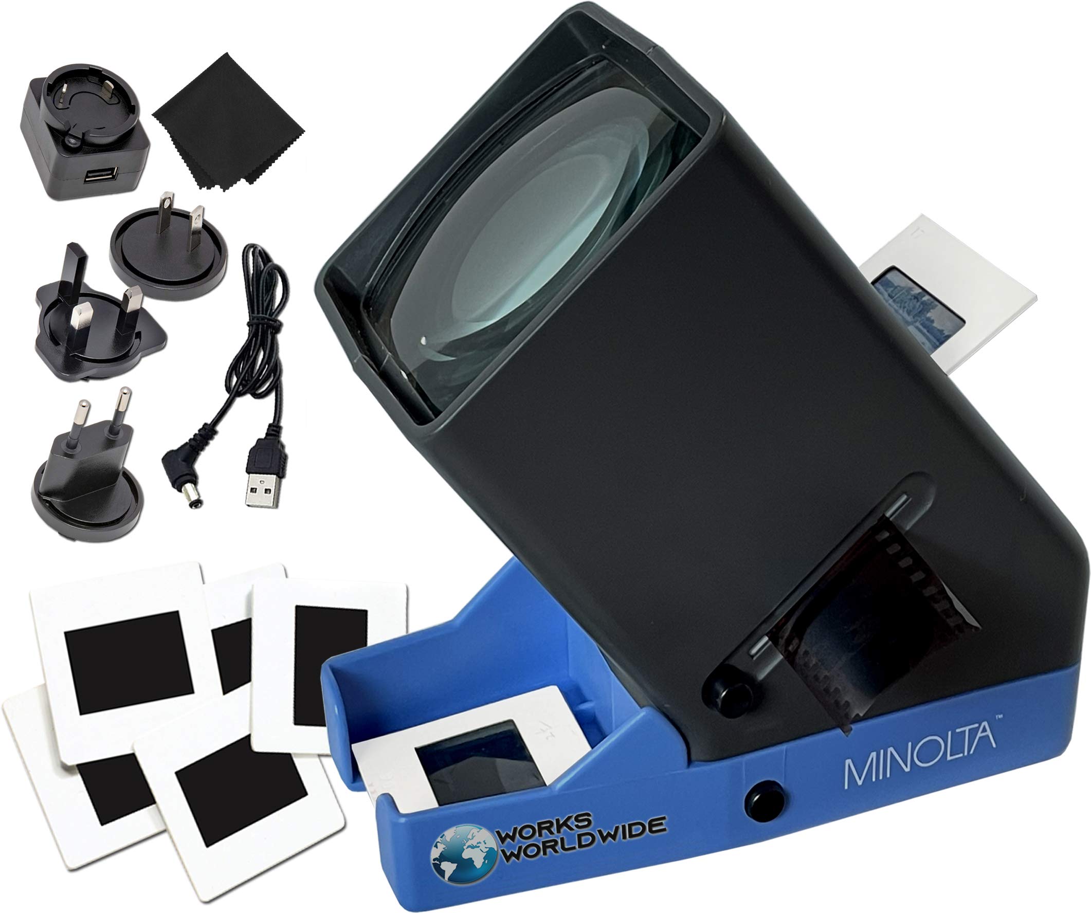 MINOLTA 35mm Desk Top Portable LED Slide and Negative Viewer Luminated 3X Magnify – for 2"x2" Slides & Positive Negatives - Worldwide AC Adapter & Plugs, Battery Operation & Cloth