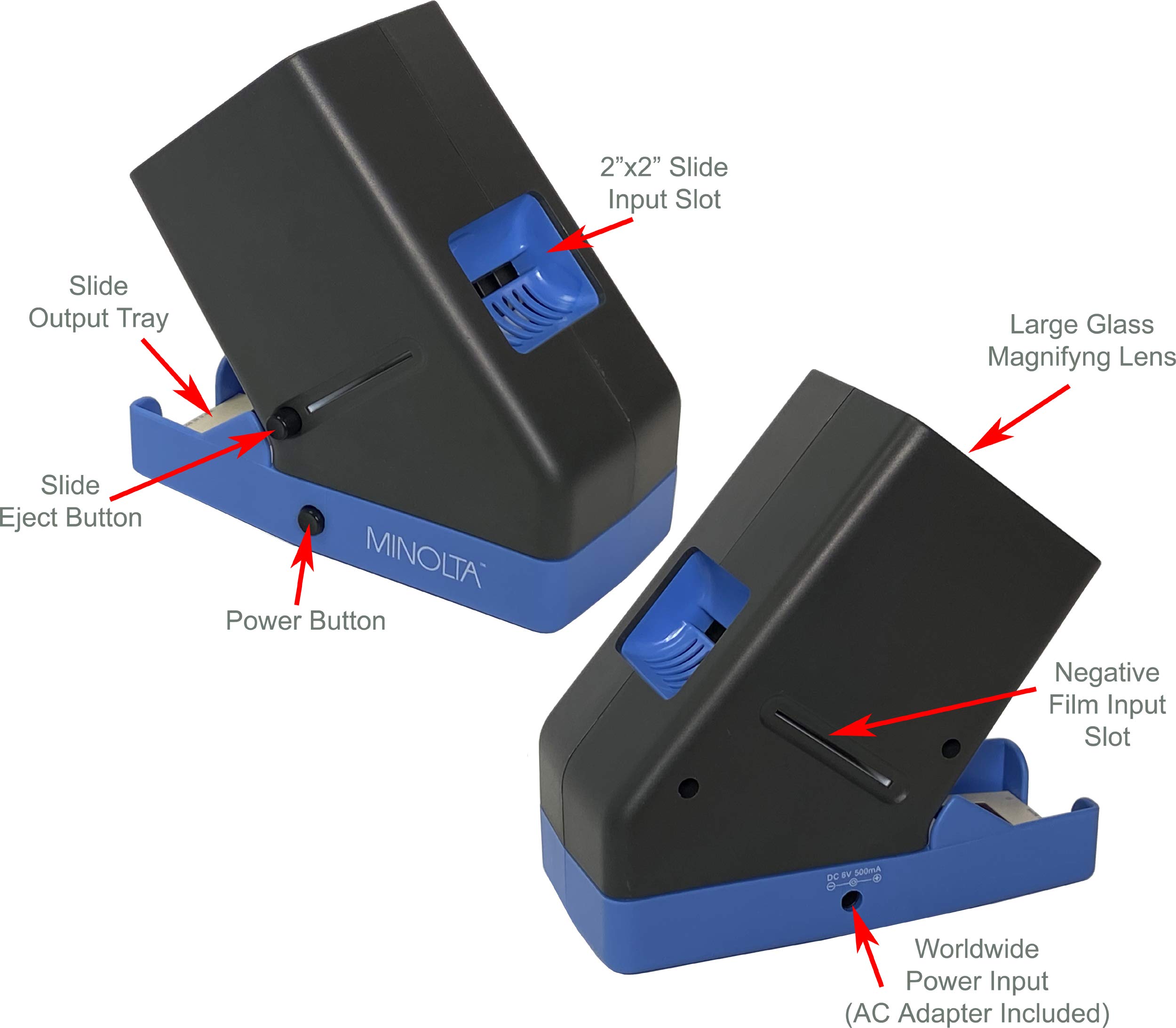 MINOLTA 35mm Desk Top Portable LED Slide and Negative Viewer Luminated 3X Magnify – for 2"x2" Slides & Positive Negatives - Worldwide AC Adapter & Plugs, Battery Operation & Cloth