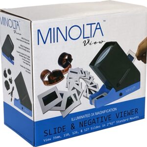 MINOLTA 35mm Desk Top Portable LED Slide and Negative Viewer Luminated 3X Magnify – for 2"x2" Slides & Positive Negatives - Worldwide AC Adapter & Plugs, Battery Operation & Cloth