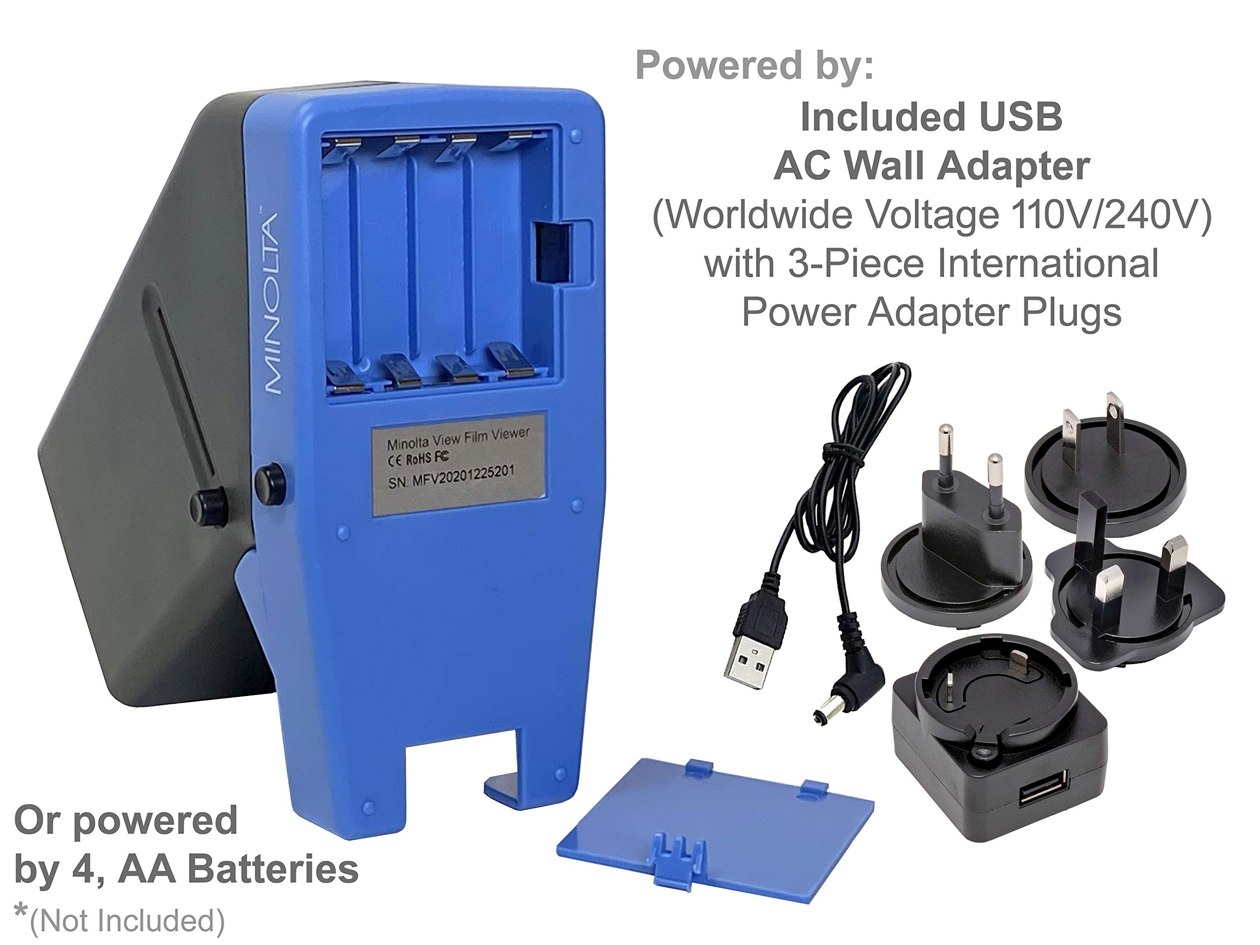 MINOLTA 35mm Desk Top Portable LED Slide and Negative Viewer Luminated 3X Magnify – for 2"x2" Slides & Positive Negatives - Worldwide AC Adapter & Plugs, Battery Operation & Cloth