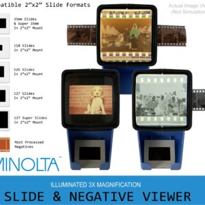 MINOLTA 35mm Desk Top Portable LED Slide and Negative Viewer Luminated 3X Magnify – for 2"x2" Slides & Positive Negatives - Worldwide AC Adapter & Plugs, Battery Operation & Cloth