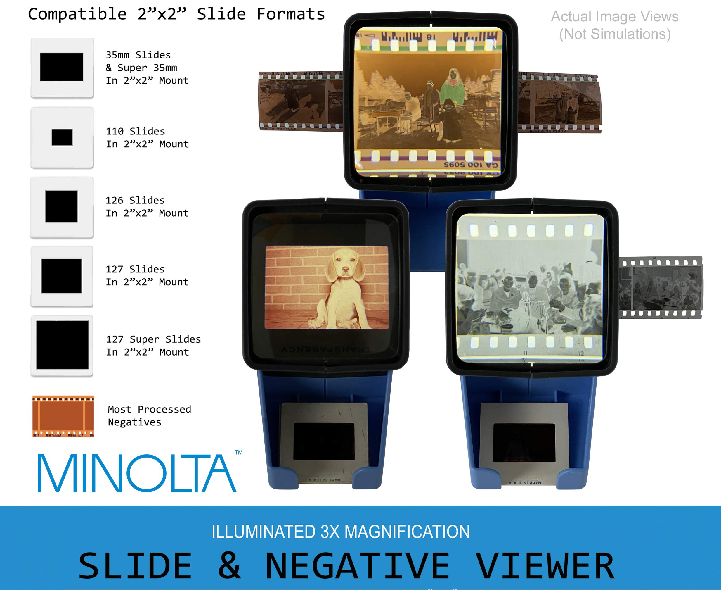 MINOLTA 35mm Desk Top Portable LED Slide and Negative Viewer Luminated 3X Magnify – for 2"x2" Slides & Positive Negatives - Worldwide AC Adapter & Plugs, Battery Operation & Cloth