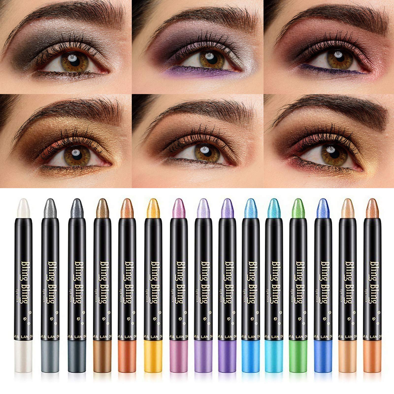 LSxia 15 Colors Glitter Eyeshadow Stick Colorful Set, Shimmer Glitter Pearl Cream Eye-Shadow Stick Eyeshadow Crayon, Shiny Colored Sticks Eyeshadow Pen Eye Makeup, Long Lasting Smooth Eye shadow Stick