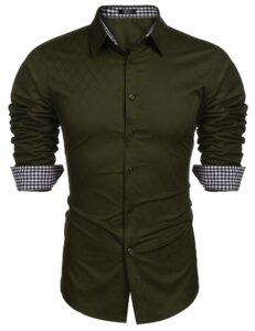 coofandy mens business dress shirt long sleeve slim fit casual button down army green, large