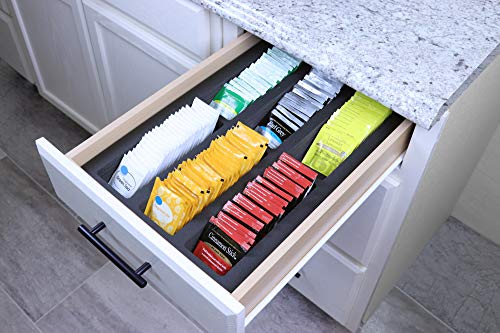 Polar Whale 2 Tea Bag Storage Deluxe Organizers Tray Drawer Bin Insert for Kitchen Home Office Condiments Packets Waterproof Washable Black Foam 6 Compartment 12.6 X 17.9 Inches