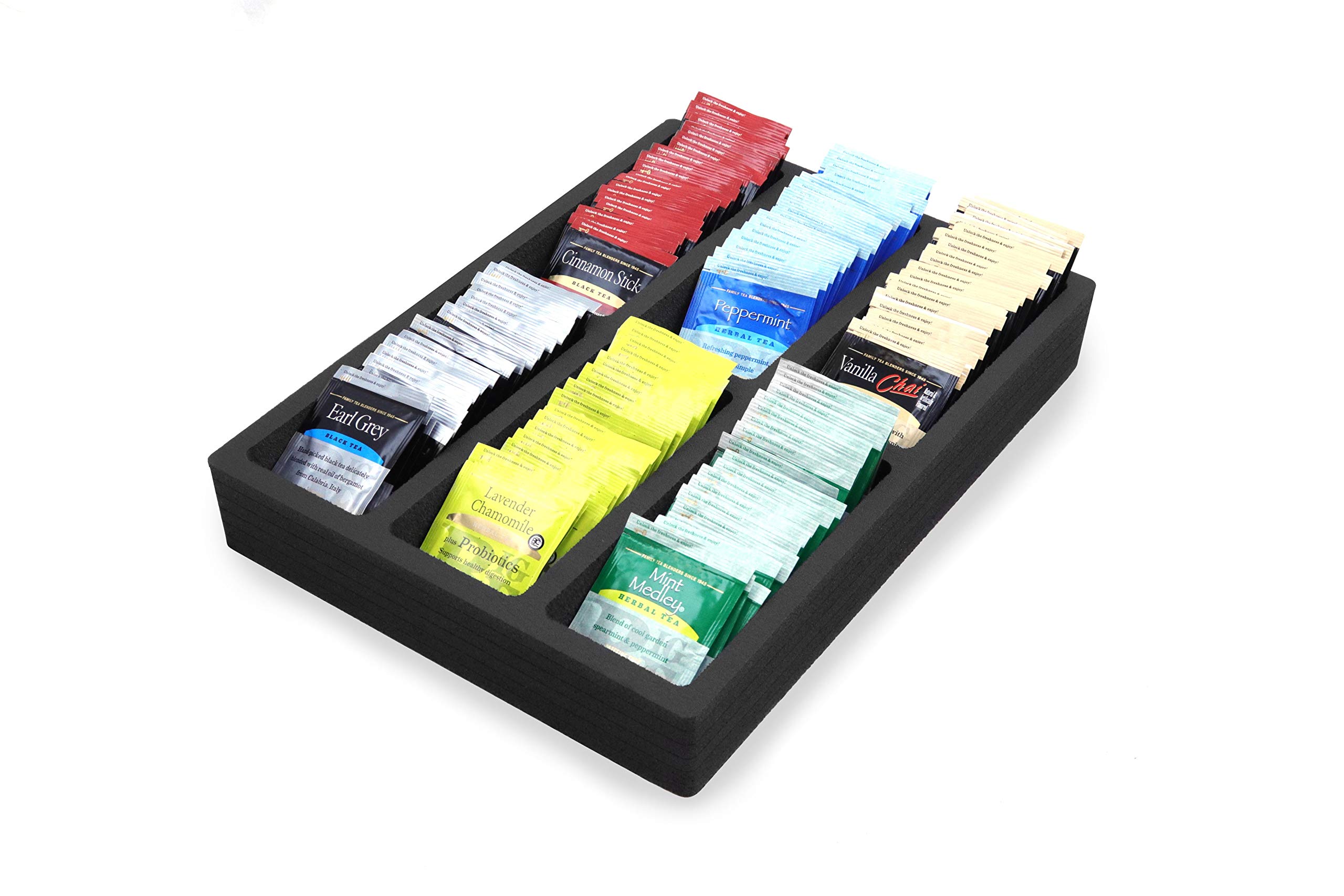 Polar Whale 2 Tea Bag Storage Deluxe Organizers Tray Drawer Bin Insert for Kitchen Home Office Condiments Packets Waterproof Washable Black Foam 6 Compartment 10.9 X 14.9 Inches