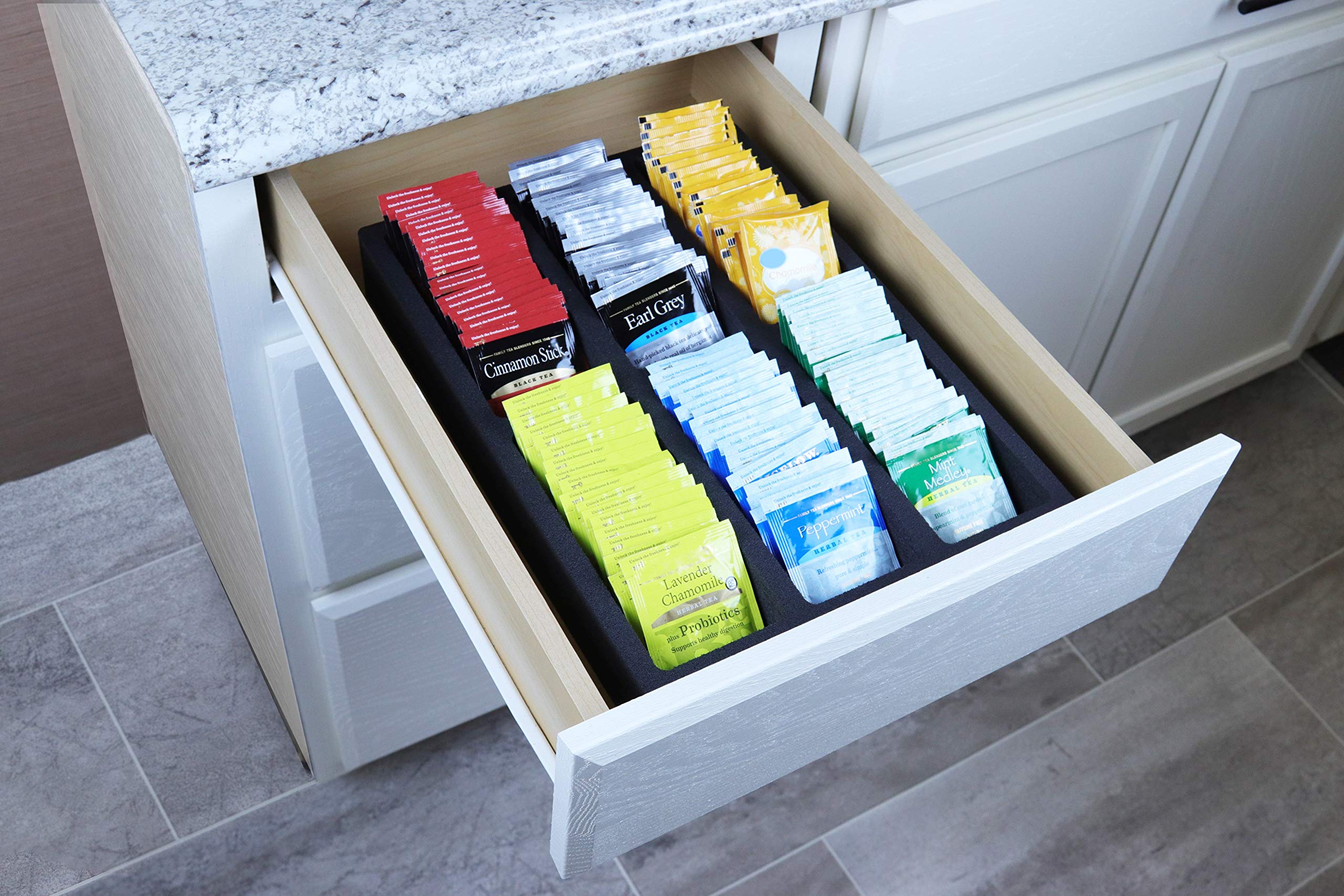 Polar Whale 2 Tea Bag Storage Deluxe Organizers Tray Drawer Bin Insert for Kitchen Home Office Condiments Packets Waterproof Washable Black Foam 6 Compartment 10.9 X 14.9 Inches