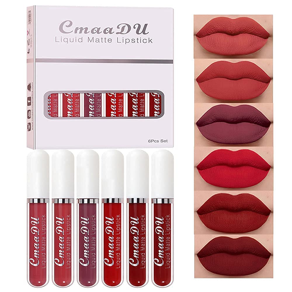 evpct CmaaDu 6Pcs Lipstick Matte Liquid Lipstick Lipgloss Set for Women labiales mate 24 horas originales matte larga duracion Red 24 Hour Lipstick