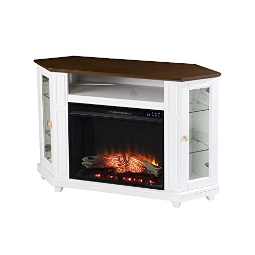 SEI Furniture Dilvon Corner Electric Fireplace TV Stand with Storage for TVs up to 45 Inches, Touch Screen Control Panel, White