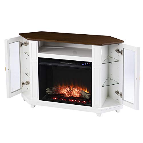 SEI Furniture Dilvon Corner Electric Fireplace TV Stand with Storage for TVs up to 45 Inches, Touch Screen Control Panel, White